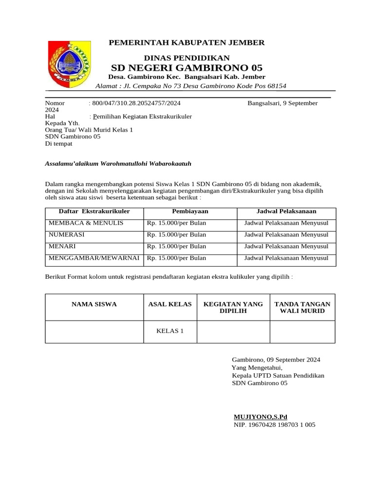 Surat Pemilihan Kegiatan Ekstra | PDF