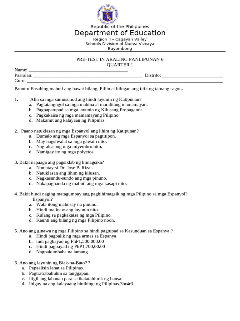 Ap6 q1 Sy Pre Test Final Editted | PDF