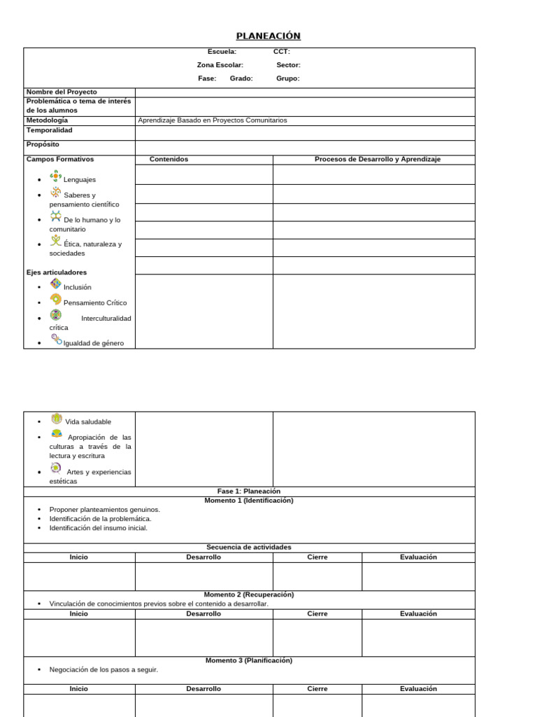 Formato de Planeación Proyecto Comunitario | PDF | Evaluación | Planificación