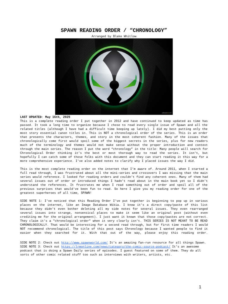 Spawn Reading Order - Chronology | PDF