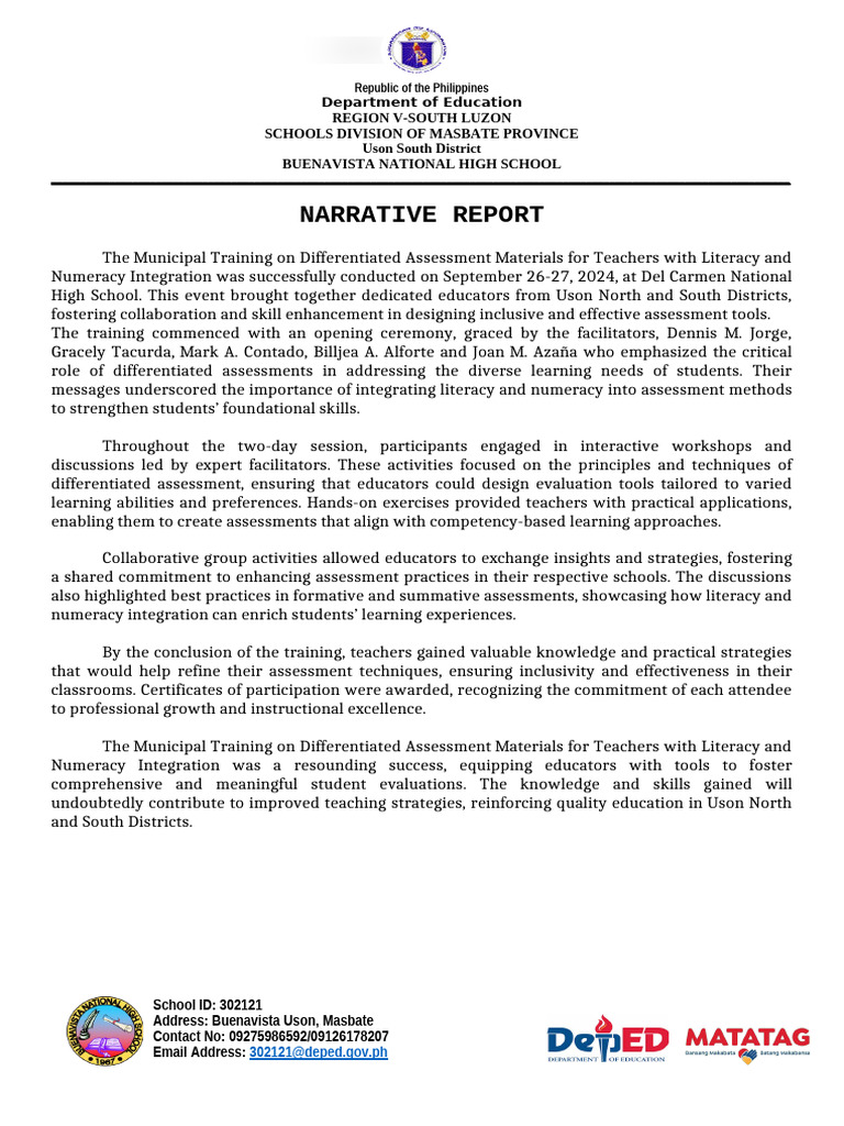 Narrative Report On Municipal Solo-Based Training | PDF | Teachers ...