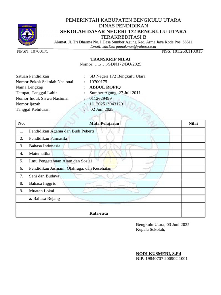 Contoh Format Transkrip Nilai | PDF