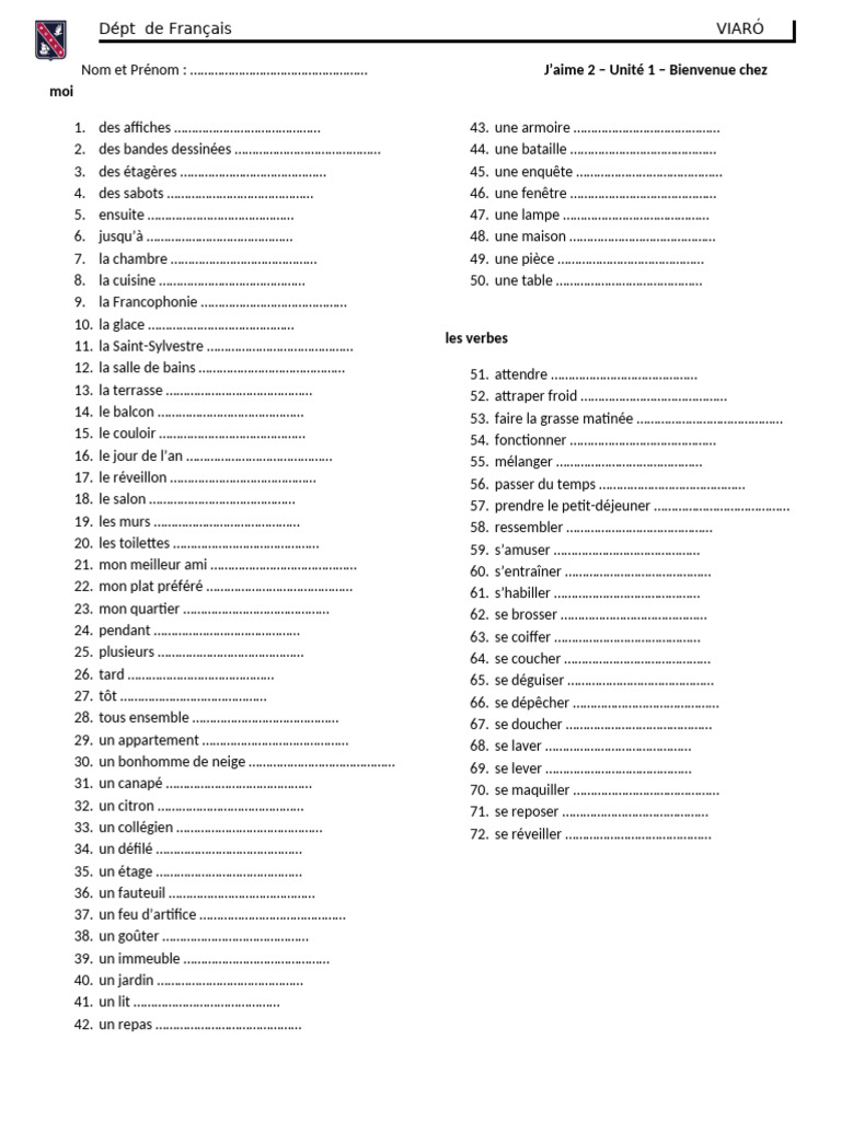 JAIME 2 Unit 1 Vocabulaire | PDF