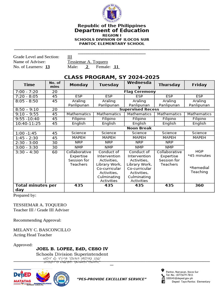 Pantoc ES - 100545 Class Program 2024 2025 | PDF | Learning | Social ...
