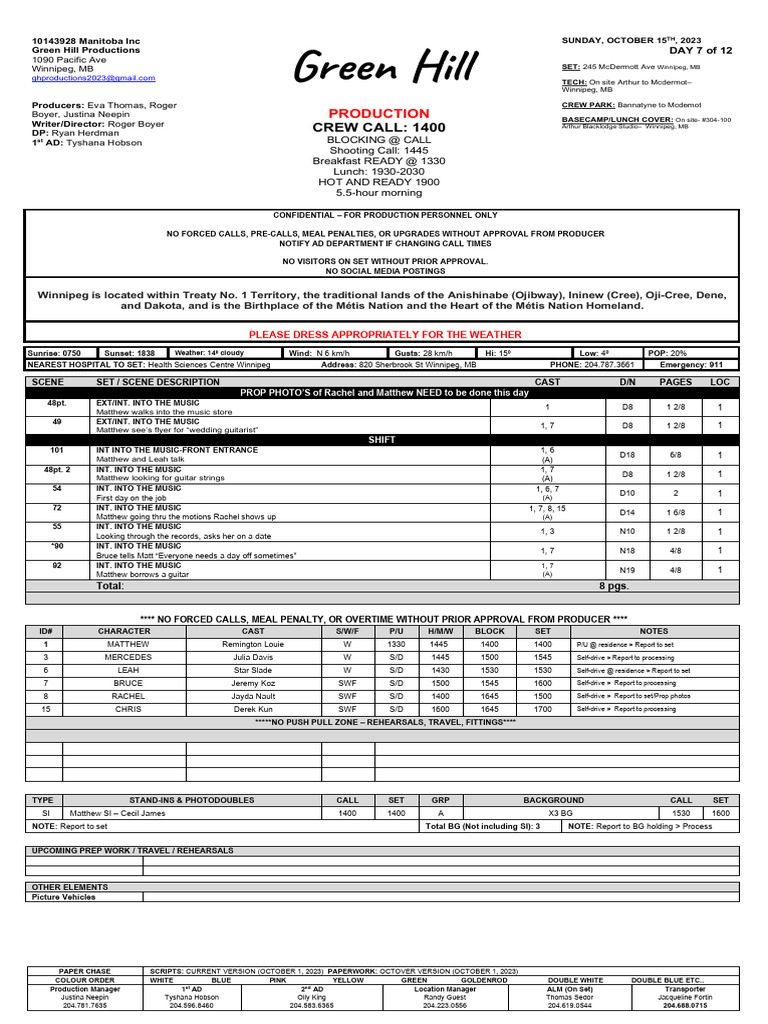 Green Hill Call Sheet Day 7 Oct 15th 2023 | PDF | Indigenous Peoples Of ...