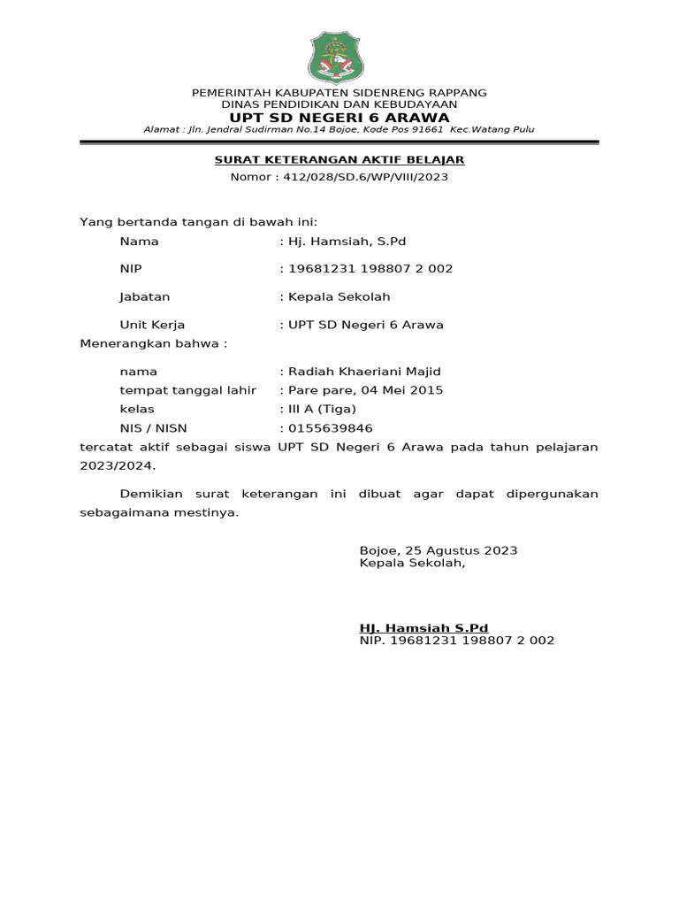 Surat Keterangan Aktif Belajar | PDF