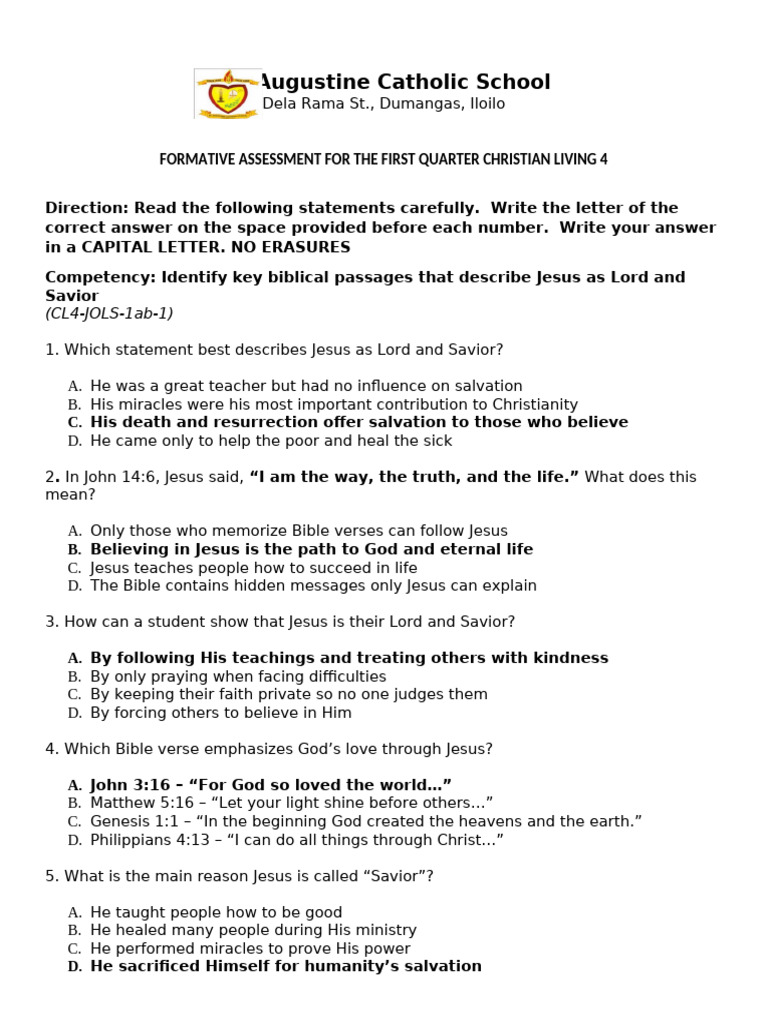 Christian Living 4 Assessment Guide | PDF | Jesus | Prayer