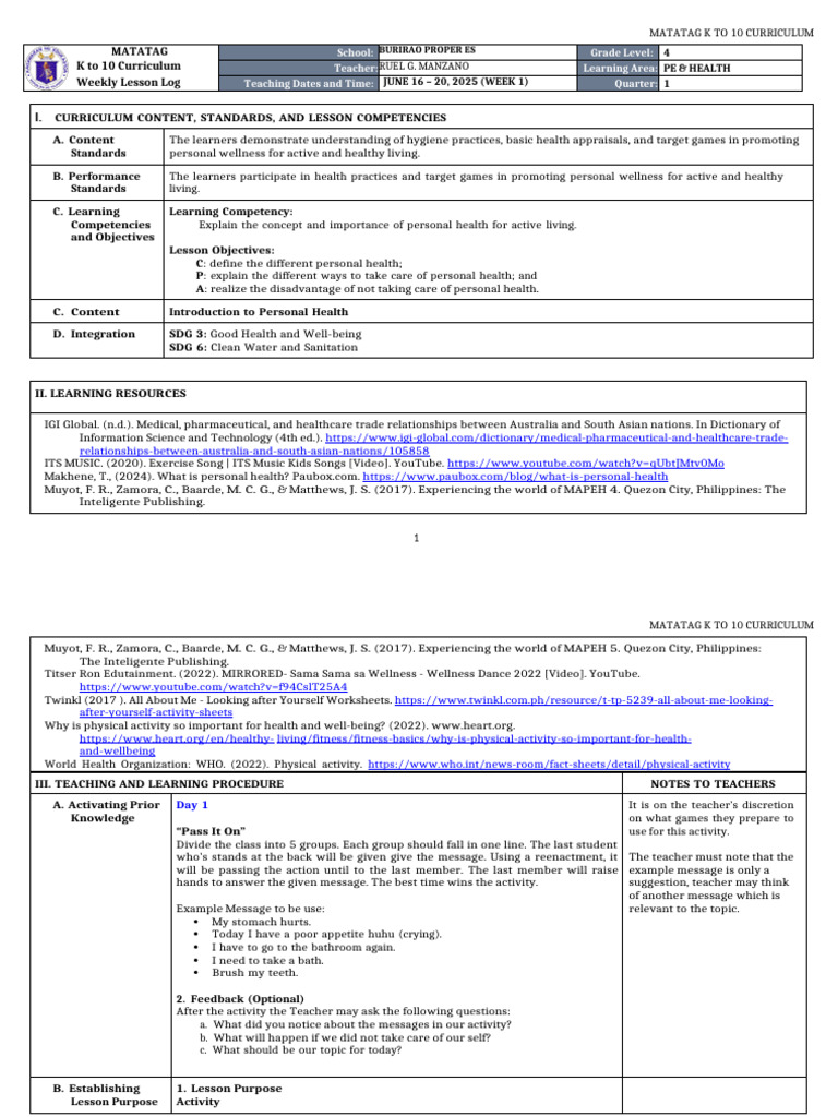 DLL Matatag - Pe&health 4 q1 w1 | PDF | Mental Health | Physical Fitness