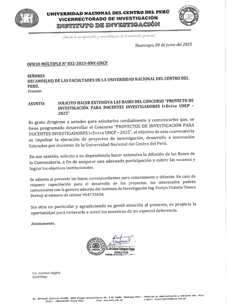 Oficio Múltiple #032 2025 Iinv Uncp | PDF