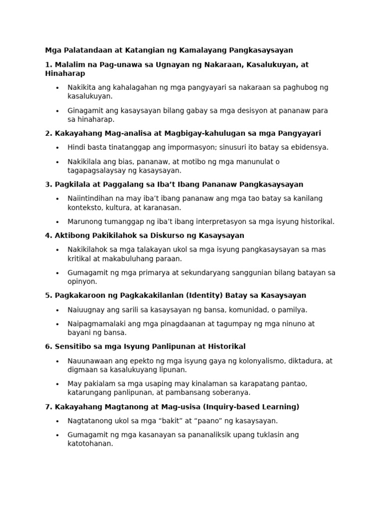 Mga Palatandaan at Katangian NG Kamalayang Pangkasaysayan | PDF