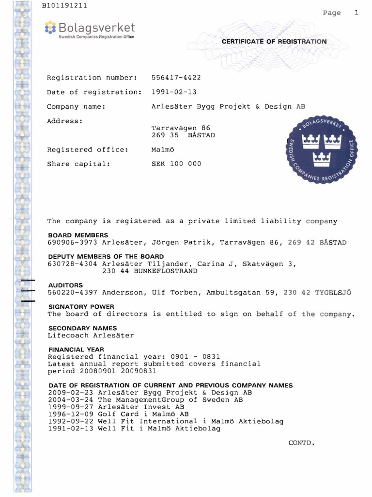 Bilaga 8 Registreringsbevis Arlesäter Bygg Projekt & Design 110210 ...