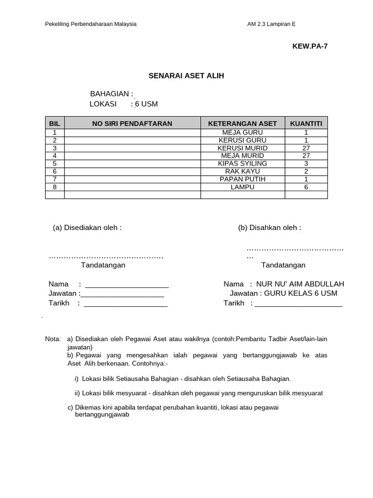 Kew - Pa-7 Borang Senarai Aset Alih Kelas 6 Usm | PDF