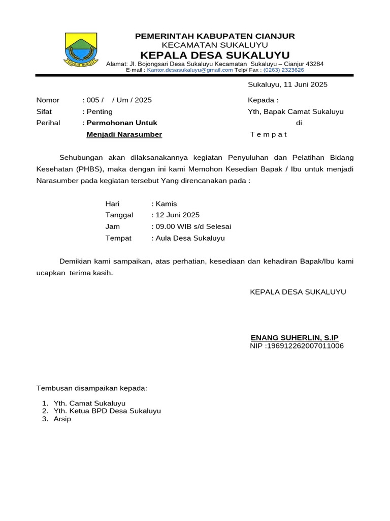 Surat Permohonan Narasumber Kegiatan Penyusunan Rkpdesa (1) (Autorecovered) | PDF