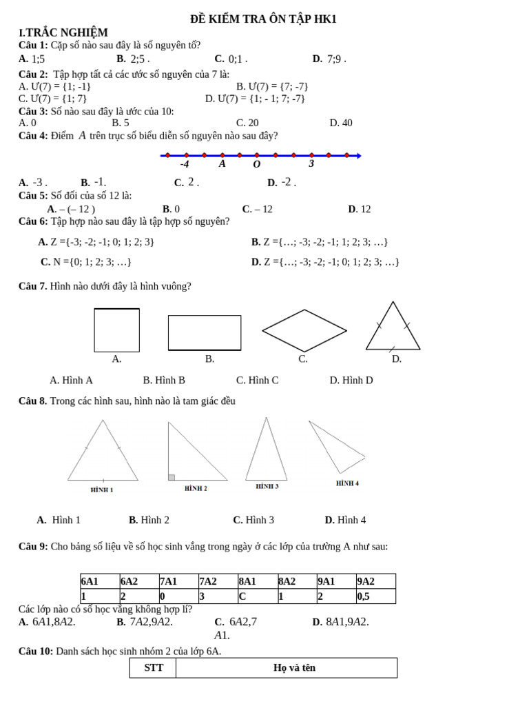 Đề Ôn Tập Toán 6-Hk1 | PDF