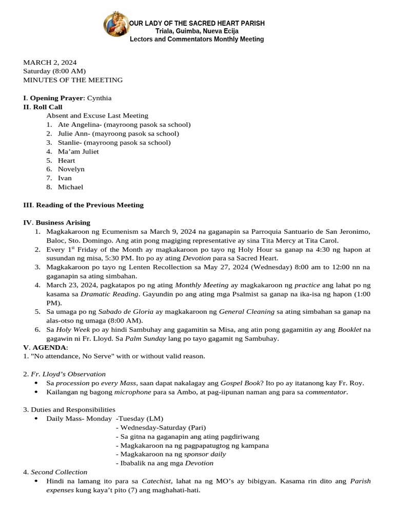 Monthly Meeting Agenda - March | PDF