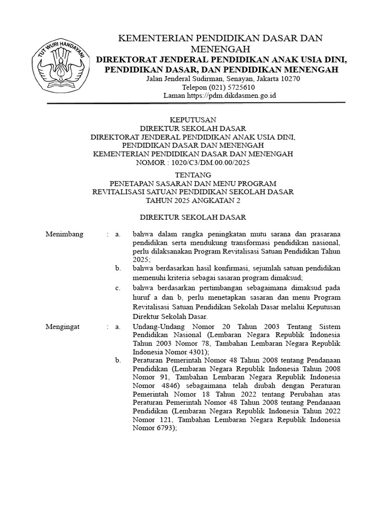 SK Penetapan Sasaran Dan Menu Program Revitalisasi Satuan Pendidikan Sekolah Dasar Tahun 2025 ...