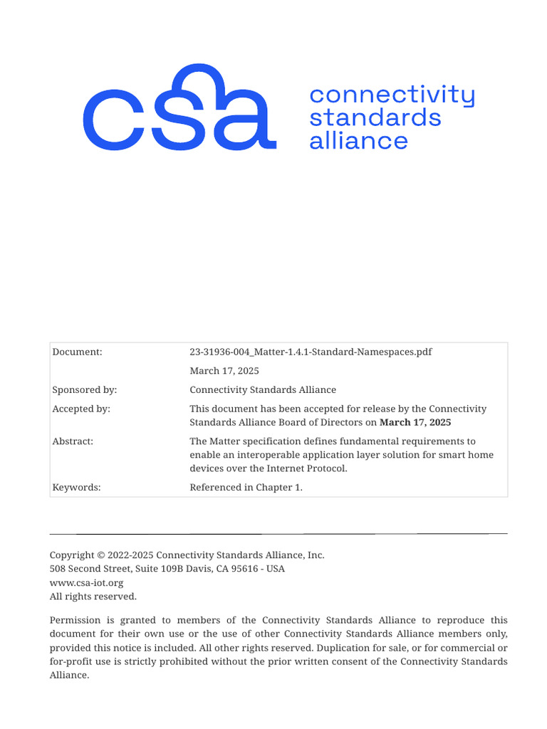 Matter Standard Namespaces 1.4.1 Guide | PDF | Room | Namespace