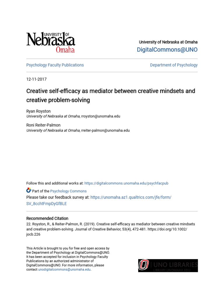 Creative Self-Efficacy As Mediator Between Creative Mindsets and | PDF | Self Efficacy | Mindset