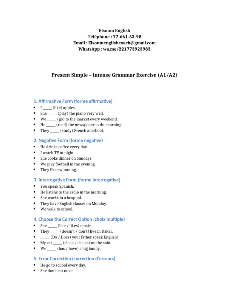 Present Simple Exercises Corrected A1 A2 Elsoum English | PDF