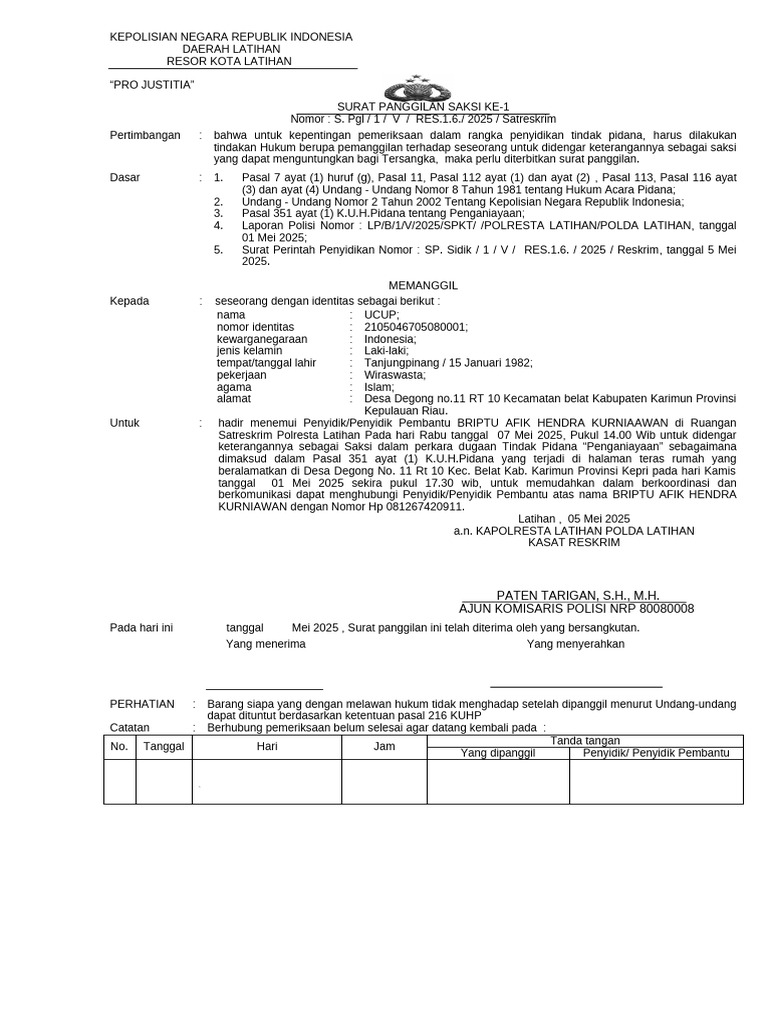 Surat Panggilan Saksi Ucup | PDF