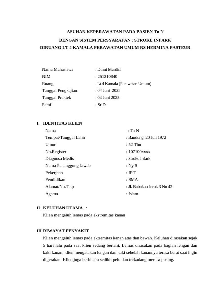Asuhan Keperawatan Stroke Infark Tn N | PDF
