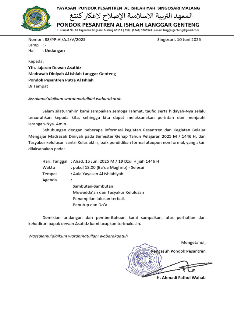 Undangan Tasyakur Kelulusan Santri 2025 | PDF