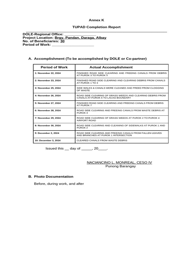 TUPAD Roadside Cleaning Report | PDF