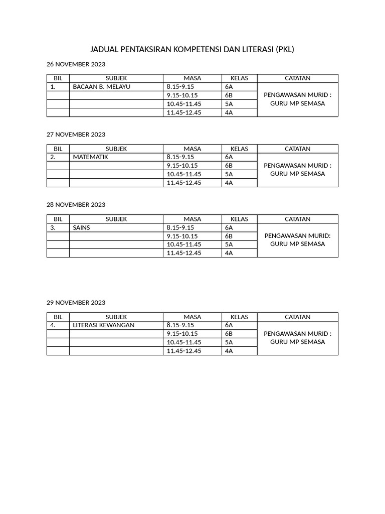 Jadual Pentaksiran Kompetensi Dan Literasi | PDF