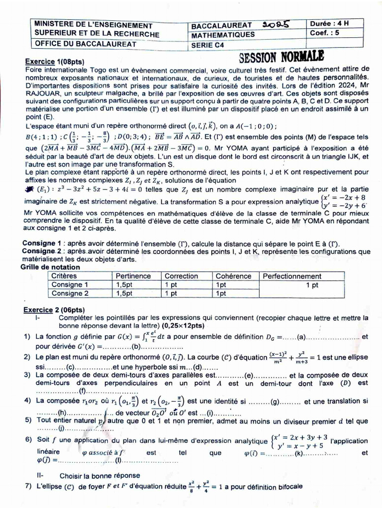 BAC2 2025 Maths C Togo | PDF