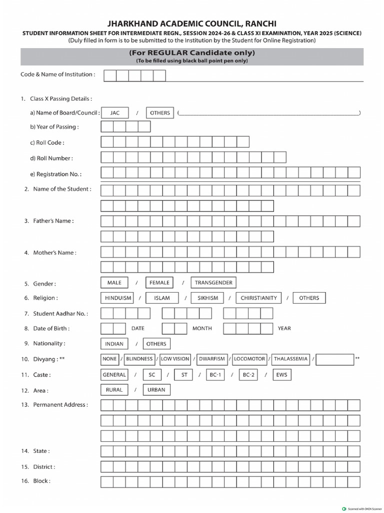 JAC Class XI Student Information Sheet Regular V5 Science-1 | PDF
