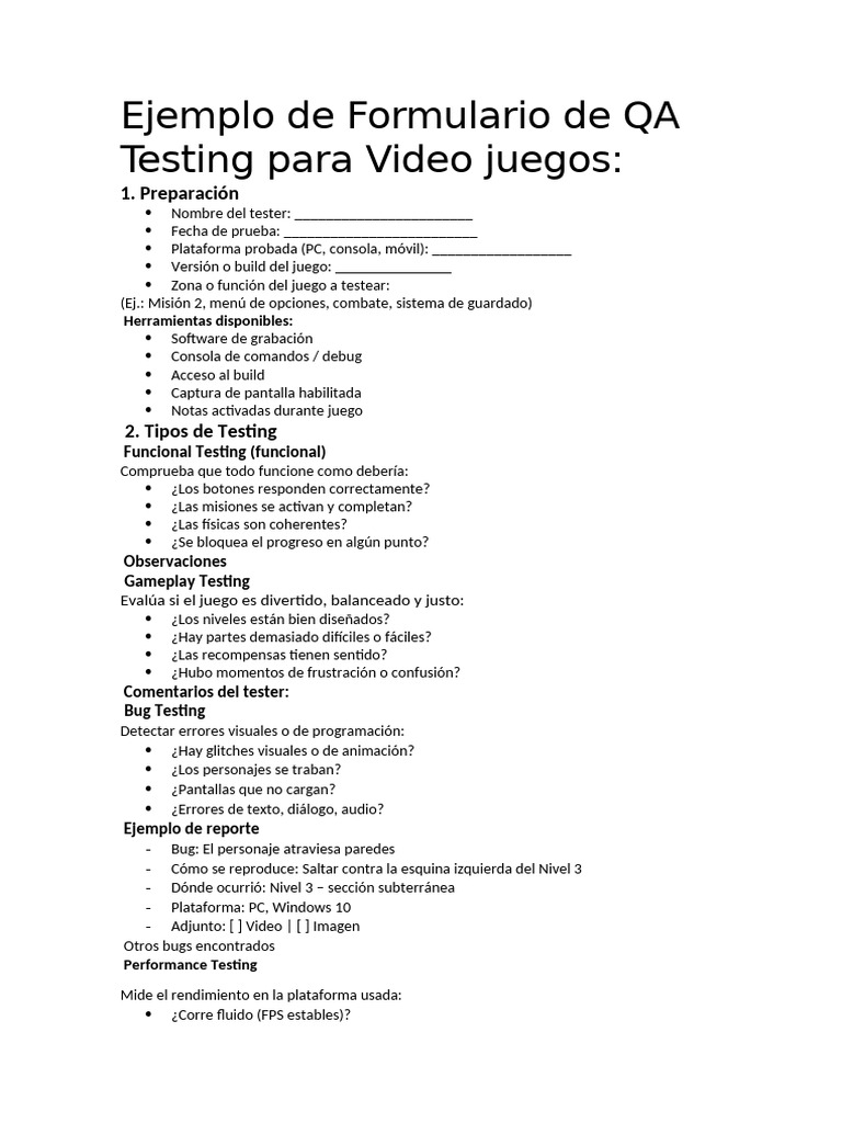 Formulario de QA para Videojuegos | PDF | Pruebas de software | Windows 10
