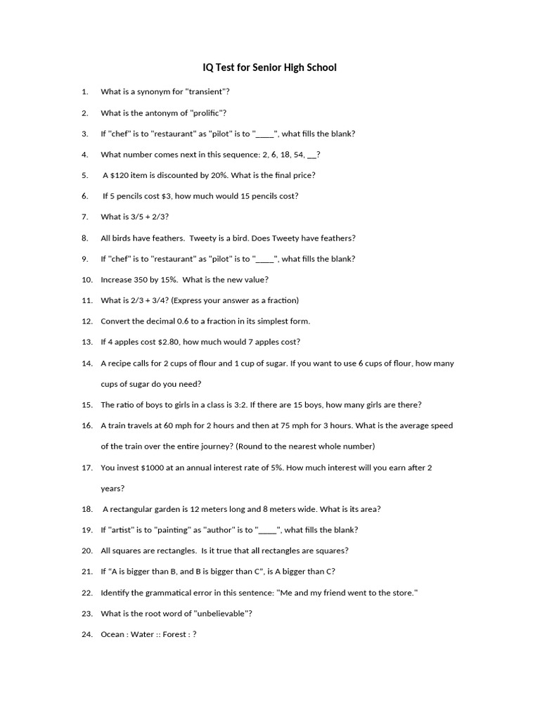 High School IQ Test Practice Questions | PDF