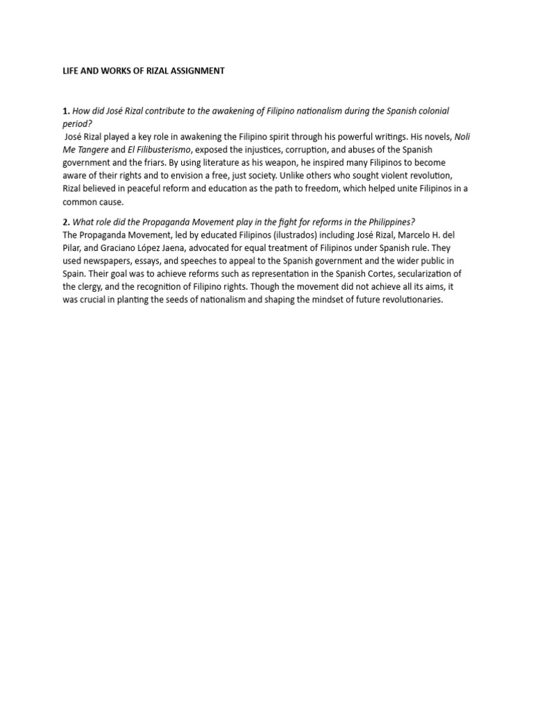 Life and Works of Rizal Assignment | PDF