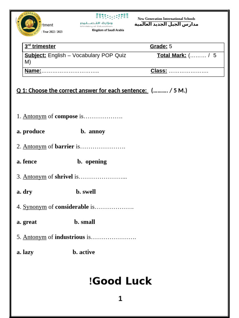 Gr.5 - 3rd - Vocabulary Pop Quiz - Week 3 | PDF
