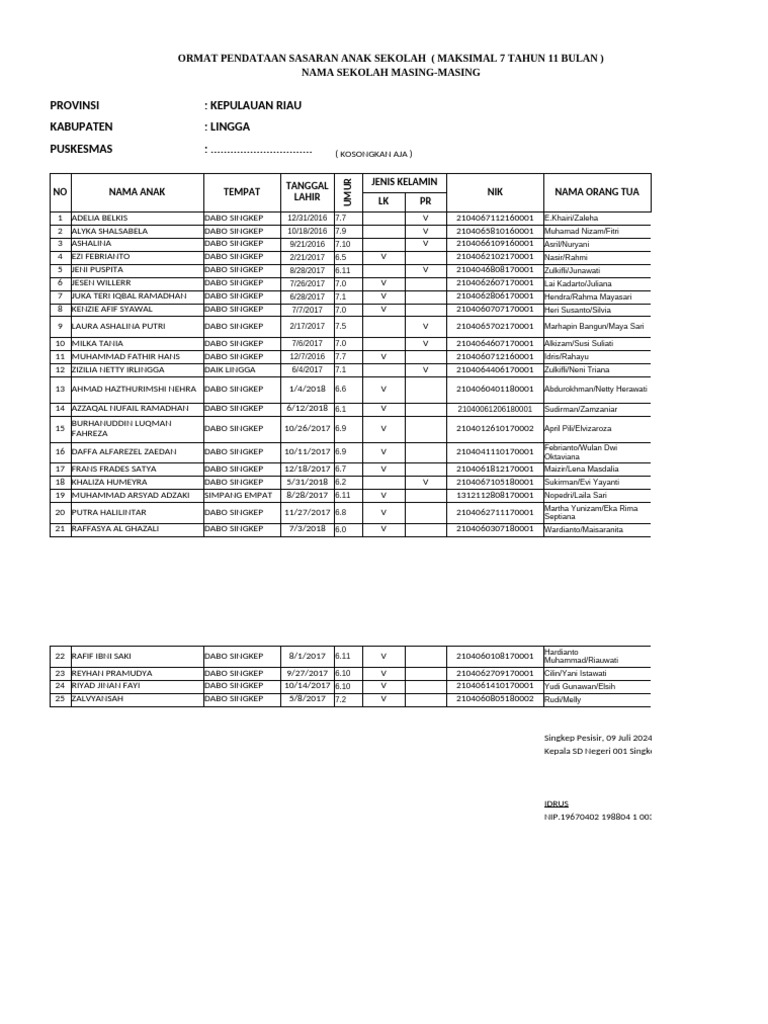 Format Pendataan Sasaran Anak | PDF