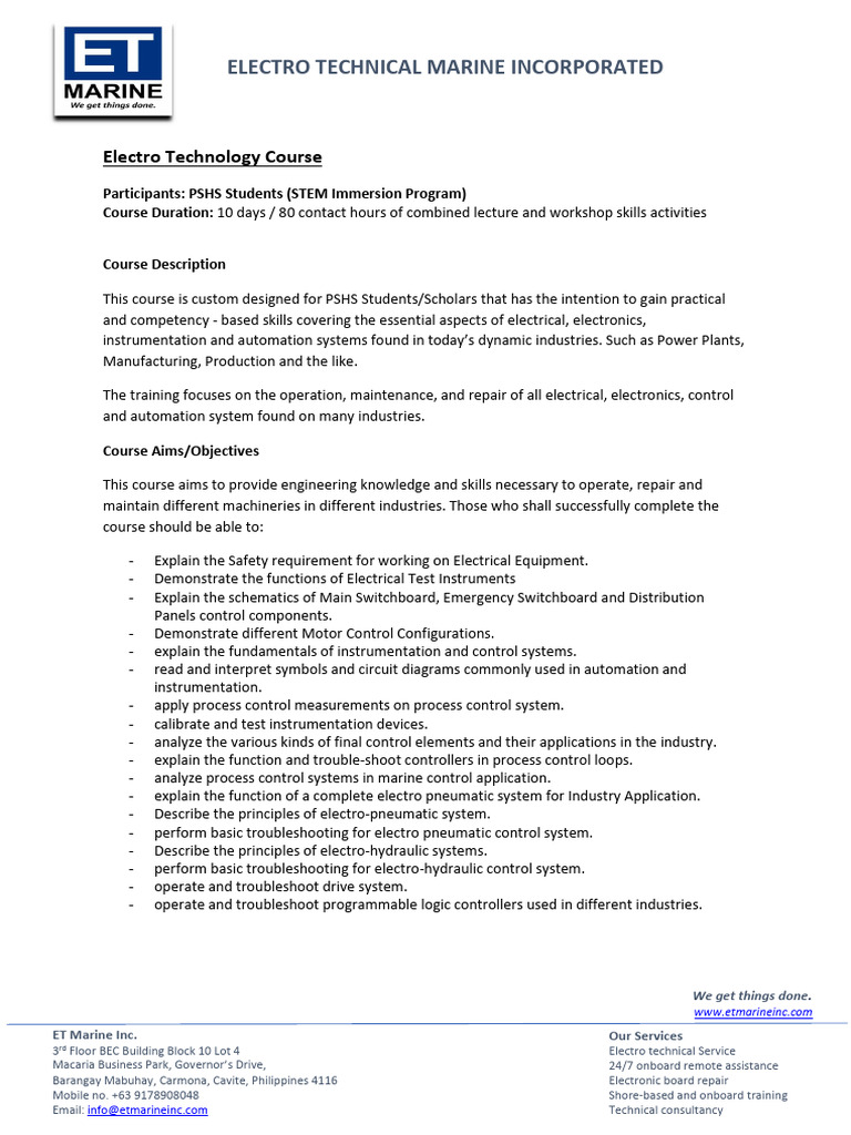 Electro Technology Course - STEM Immersion Program | PDF ...
