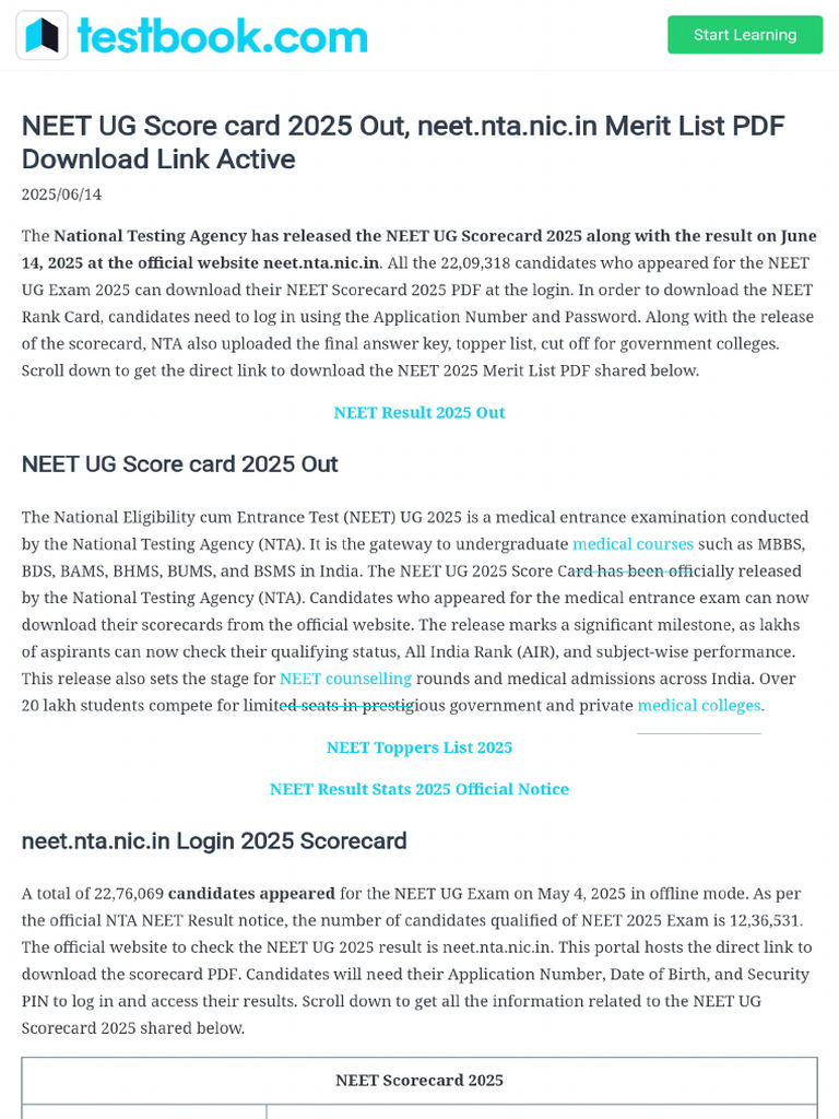 Neet Ug Score Card 2025 Out Download Result PDF Link Active | PDF