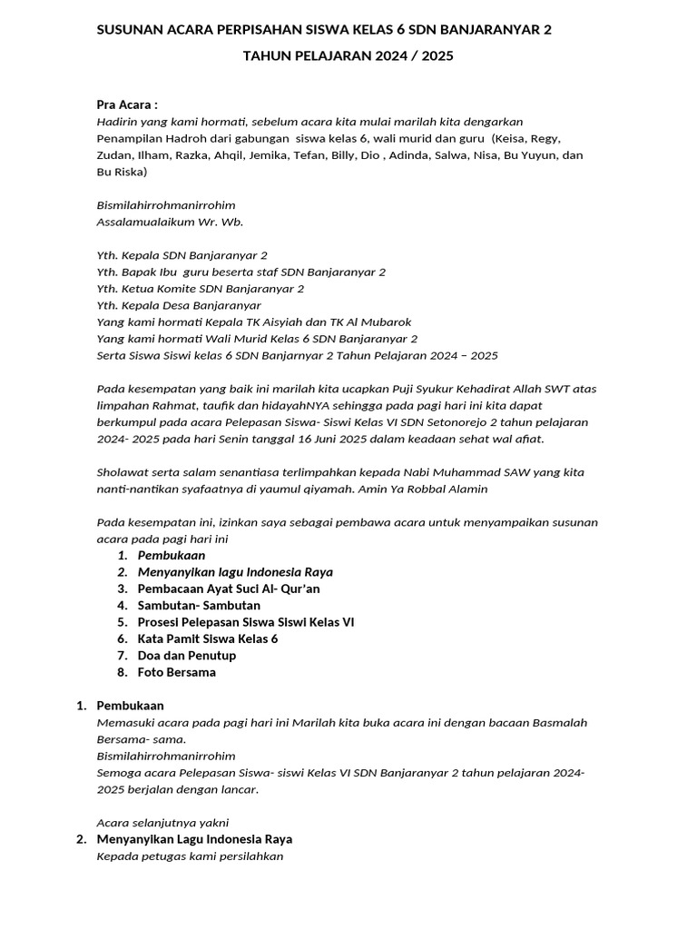 Susunan Acara Perpisahan Siswa Kelas 6 Sdn Setonorejo 2 2025 | PDF