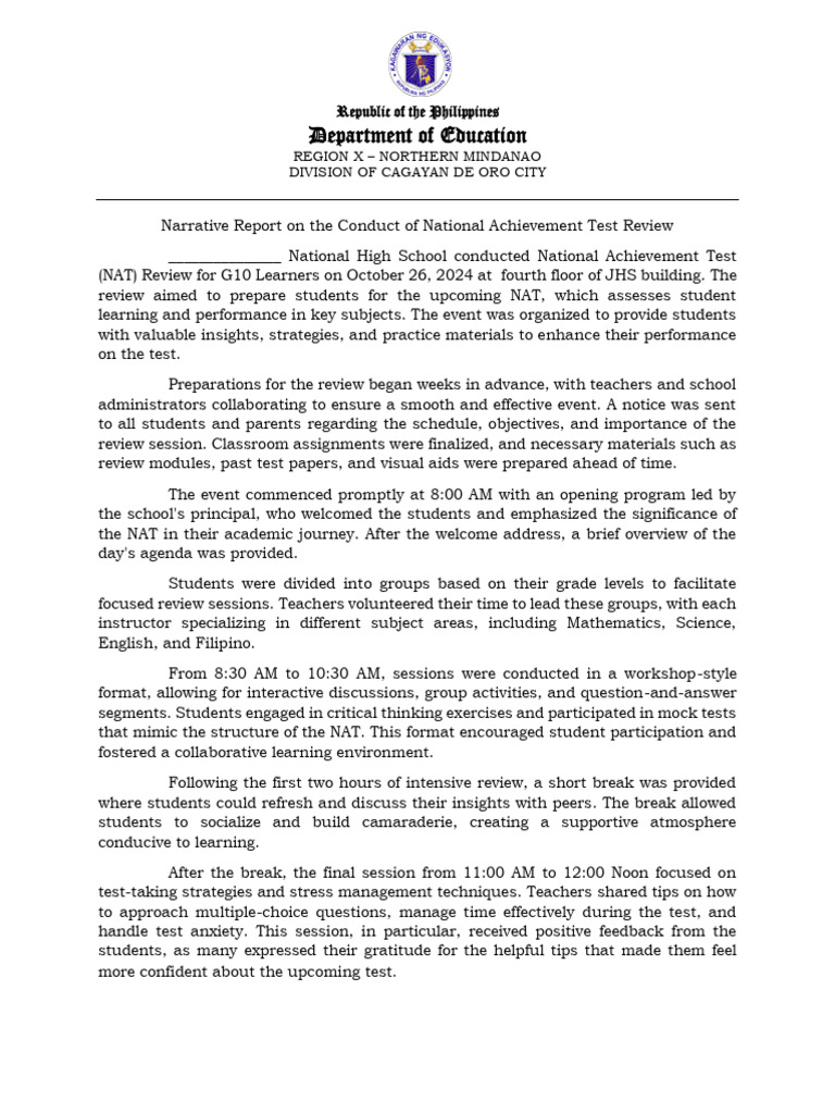 National Achievement Test Review Summary | PDF | Teachers | Cognition