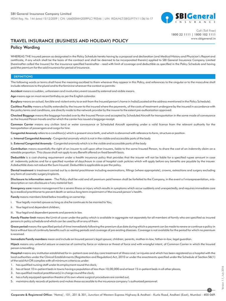 Travel Insurance (Business and Holiday) Policy Policy Wording | PDF ...