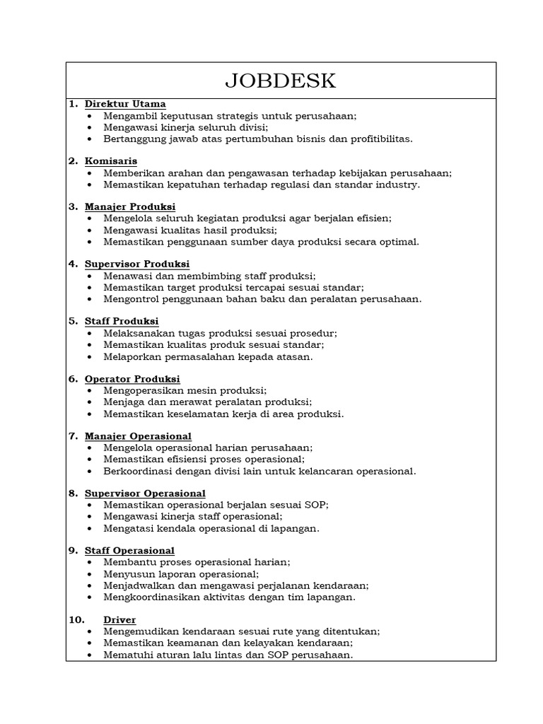 Deskripsi Jobdesk Perusahaan Lengkap | PDF