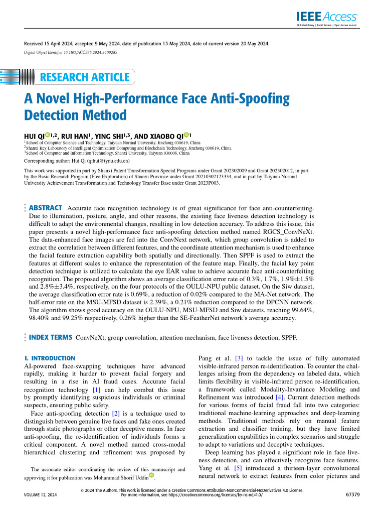 A Novel High-Performance Face Anti-Spoofing Detection Method | PDF | Deep Learning | Attention