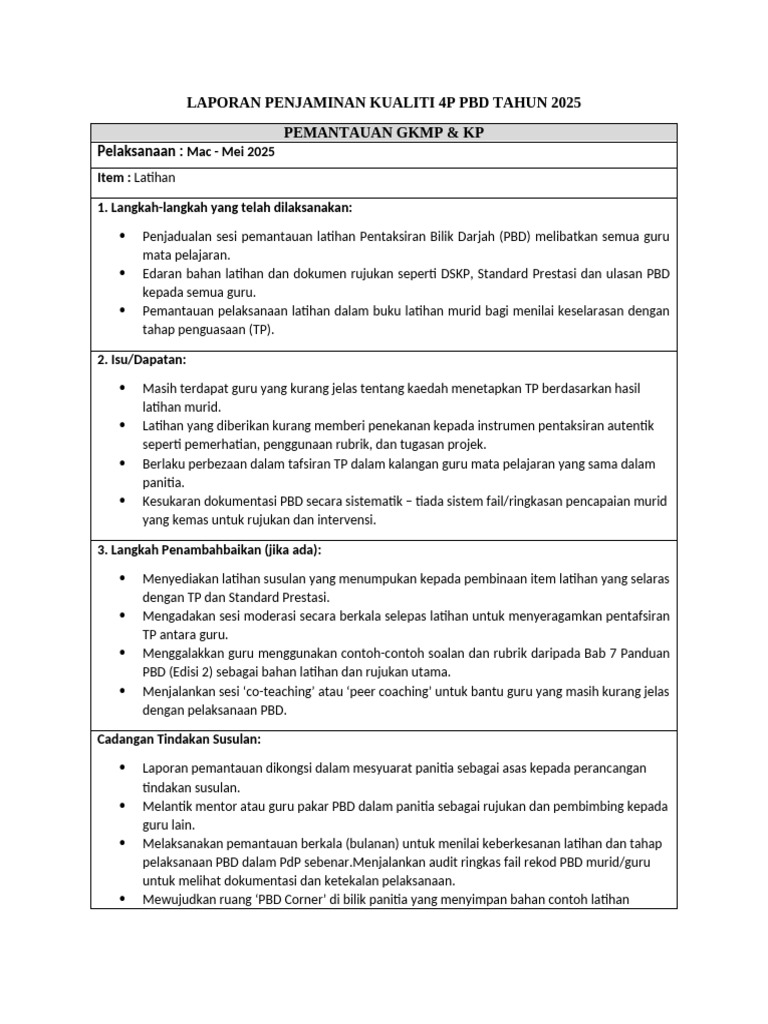 (Pemantauan) Laporan Penjaminan Kualiti 4p PBD Tahun 2025 | PDF