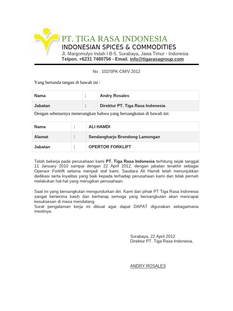 Contoh Surat Pengalaman Kerja | PDF