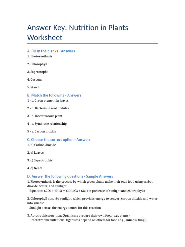 Class 7 Nutrition in Plants Worksheet Answers | PDF
