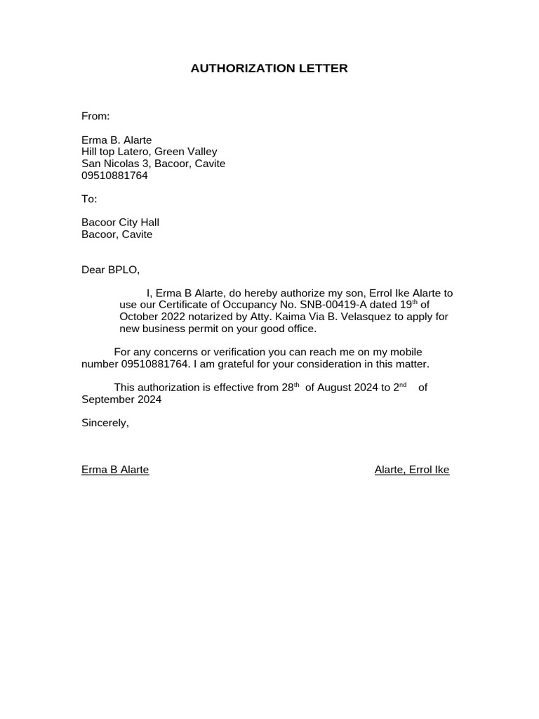 Business Permit Authorization Letter | PDF