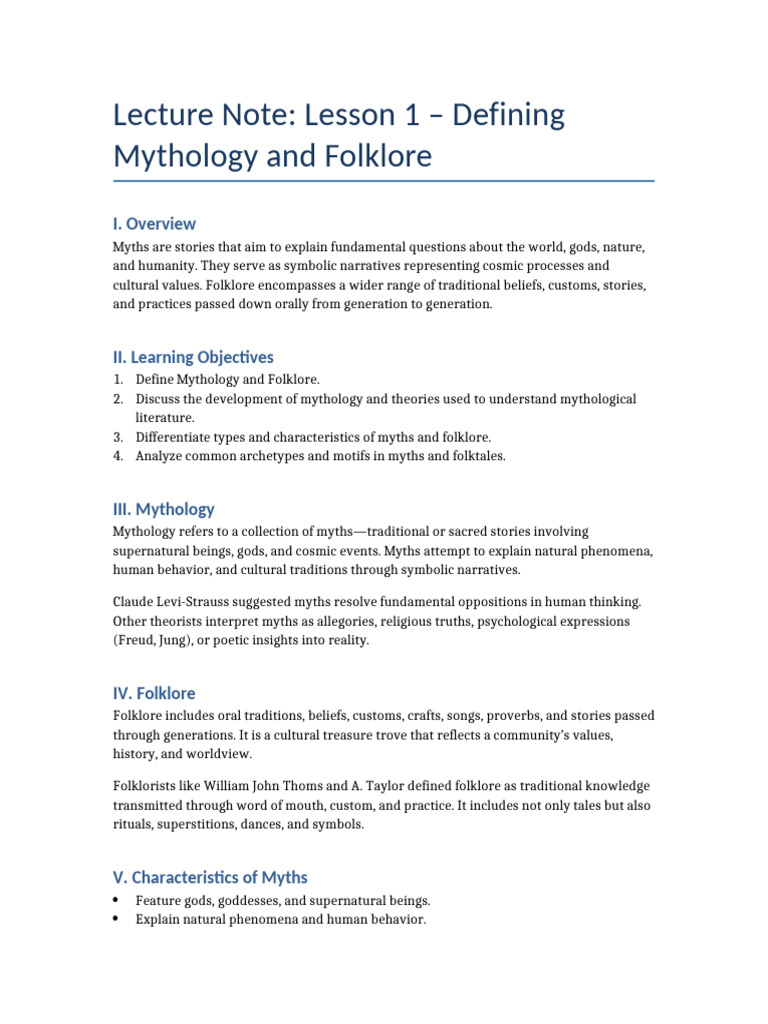 Lecture Note Lesson 1 Mythology and Folklore | PDF | Folklore ...