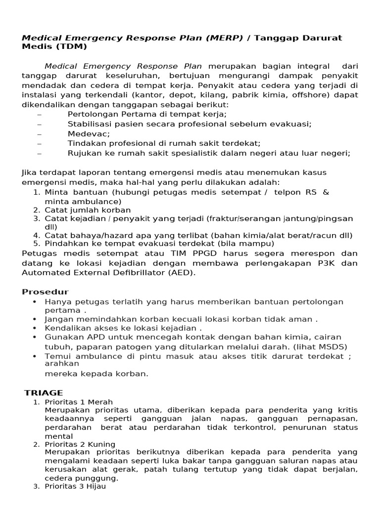 Medical Emergency Response Plan (MERP) - Tanggap Darurat Medis (TDM) | PDF
