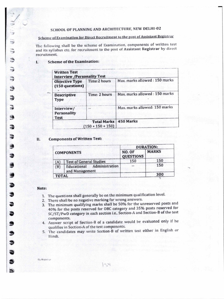 Scheme of Examination For The Post of Assistant Registrar | PDF