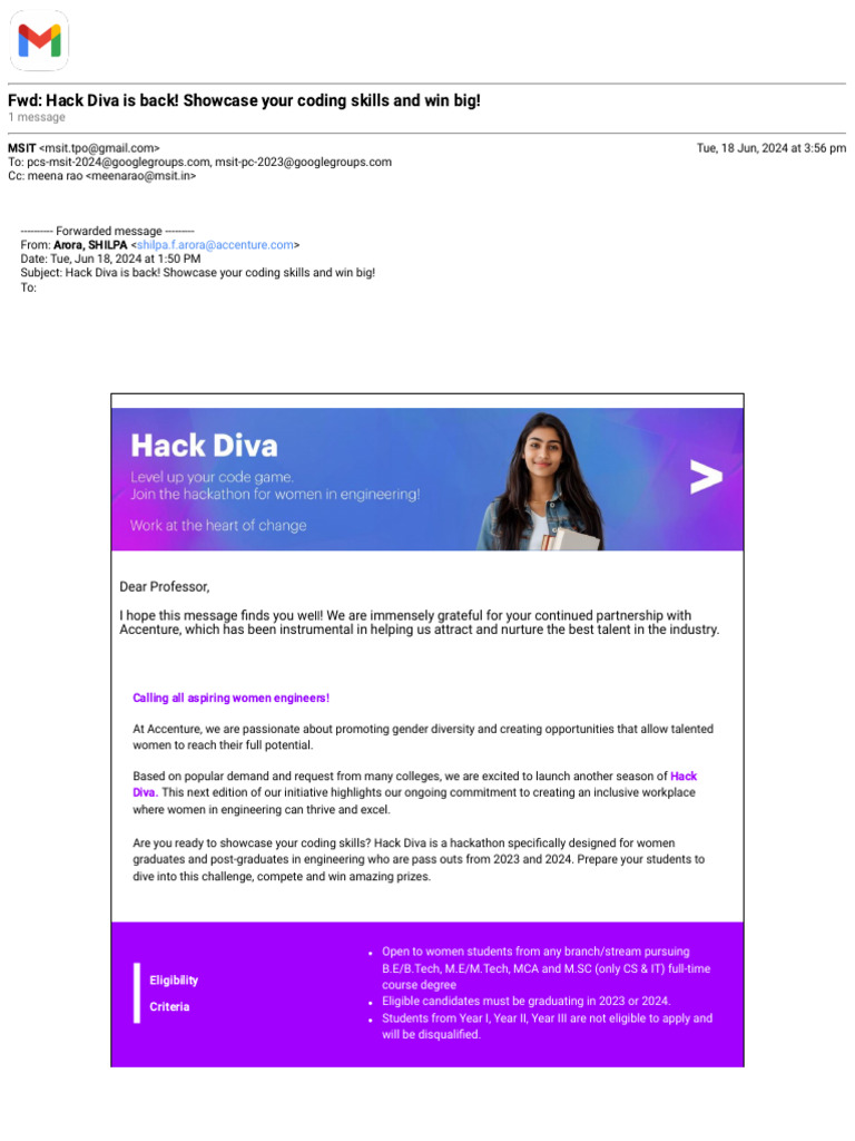 Gmail - FWD - Hack Diva Is Back! Showcase Your Coding Skills and Win Big! | PDF | Cyberspace ...